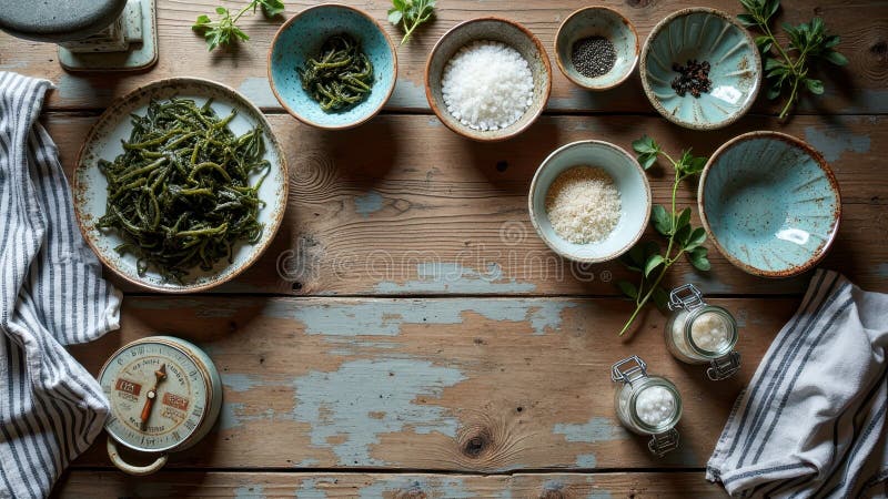 Rustic Kitchen Scene with Herbs, Spices, and Vintage Scale on Wooden ...