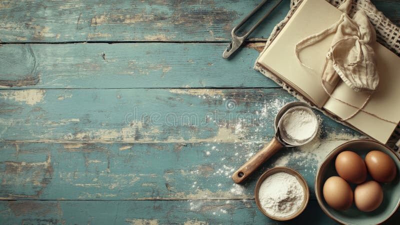A Rustic Kitchen Scene with Ingredients for Baking, Including Eggs ...