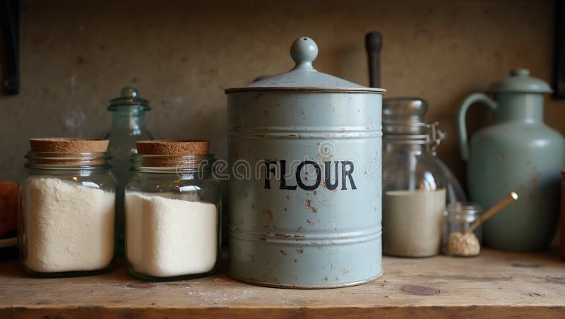 Rustic Kitchen Scene with Labeled Canister Sugar and Tea Jars Stock ...