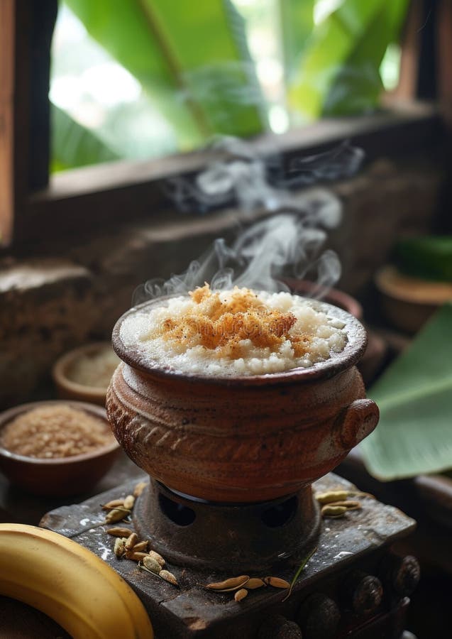 A Rustic Kitchen Scene during Pongal Where a Terracotta Pot Overflows ...
