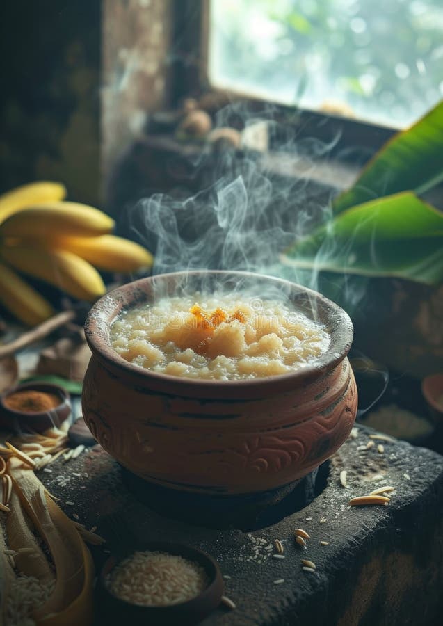 A Rustic Kitchen Scene during Pongal Where a Terracotta Pot Overflows ...
