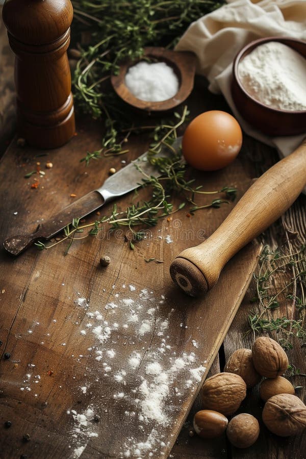 Rustic Kitchen Scene with Scattered Flour, Fresh Egg, Walnuts, and ...