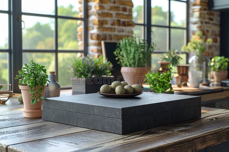 Stylish Dark Gray Box on Rustic Wooden Table with Plants Stock ...