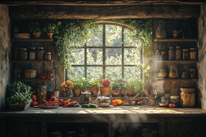 Rustic Kitchen Scene with Sunlight Streaming through Window, Showcasing ...