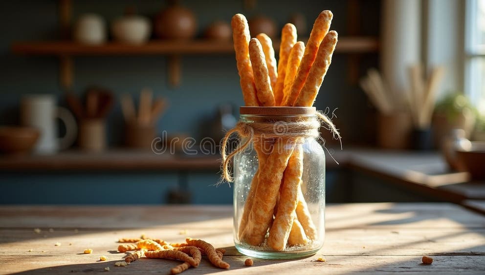 Rustic Kitchen Scene Featuring a Jar Filled with Breadsticks on a ...