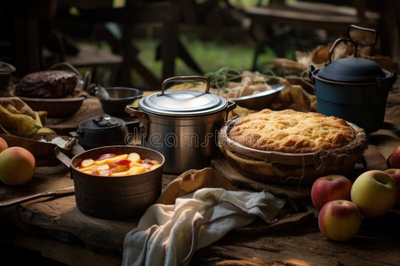 Rustic Kitchen Setting with Dutch Oven Peach Cobbler Stock Illustration ...