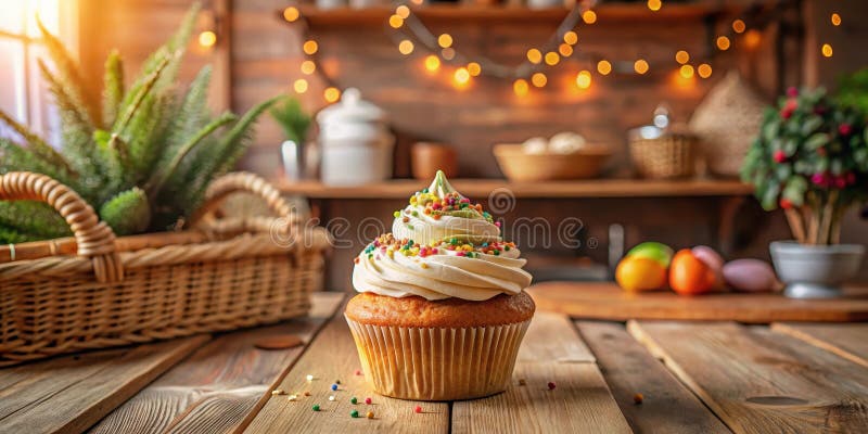 Rustic Kitchen Setting Featuring a Deliciously Decorated Cupcake on a ...