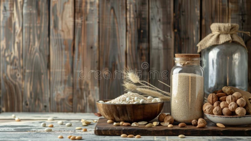 Rustic Kitchen with Grains and Nuts on a Wooden Table Stock Photo ...
