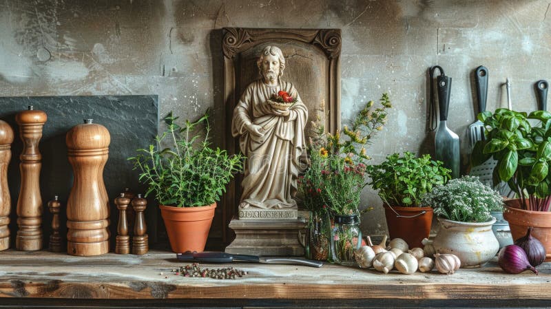 Rustic Kitchen Setting with a Small Saint Joseph Shrine, Surrounded by ...