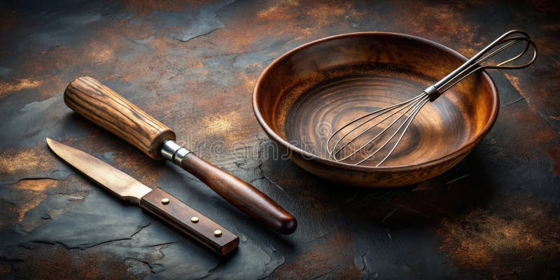 Rustic Kitchen Setting with Wooden Bowl, Whisk, and Handcrafted Knife ...