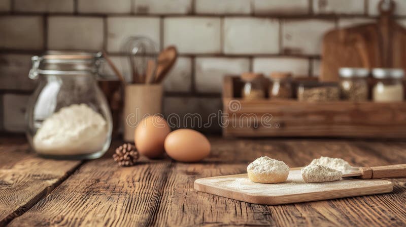 Rustic Kitchen Setup with Baking Ingredients on Wooden Table Stock ...