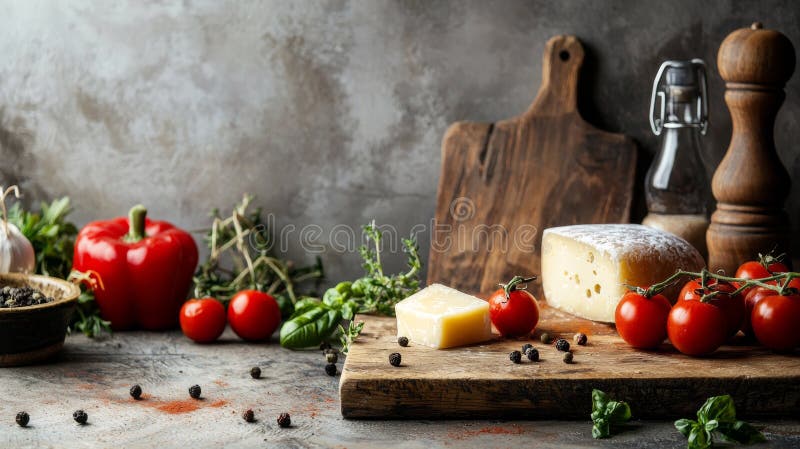 Rustic Kitchen Setup with Cheese, Tomatoes, and Fresh Herbs Stock Image ...