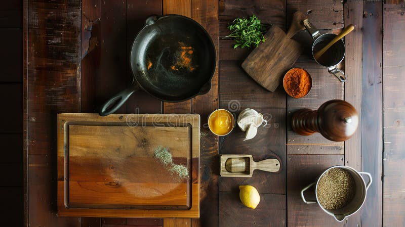 Rustic Kitchen Setup with Cooking Ingredients and Utensils Stock Photo ...