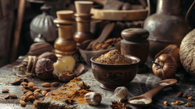 Rustic Kitchen Setup with Spices and Nuts Stock Image - Image of wooden ...