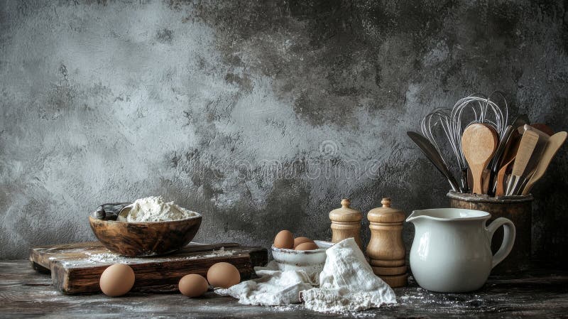 Rustic Kitchen Setup with Flour, Eggs, and Utensils Ready for Baking ...