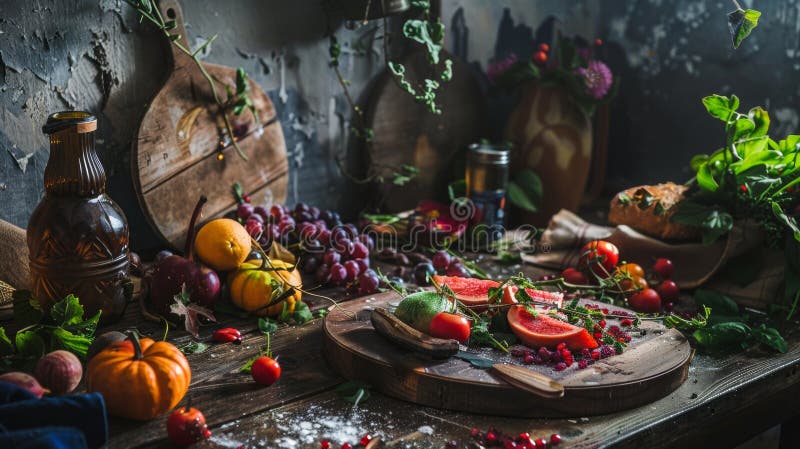Rustic Kitchen Setup with Fresh Fruits and Vegetables Stock Image ...