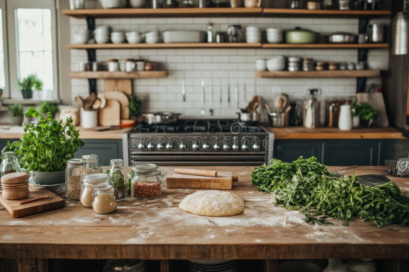 Rustic Kitchen Setup with Fresh Ingredients and Dough Ready for Baking ...