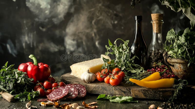 Rustic Kitchen Setup with Fresh Vegetables, Cheese, and Wine Stock ...