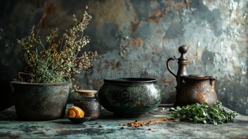 Rustic Kitchen Setup with Herbs and Copper Pots on a Distressed Table ...