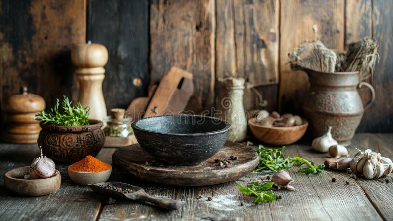 Rustic Kitchen Setup with Herbs and Spices on a Wooden Table Stock ...
