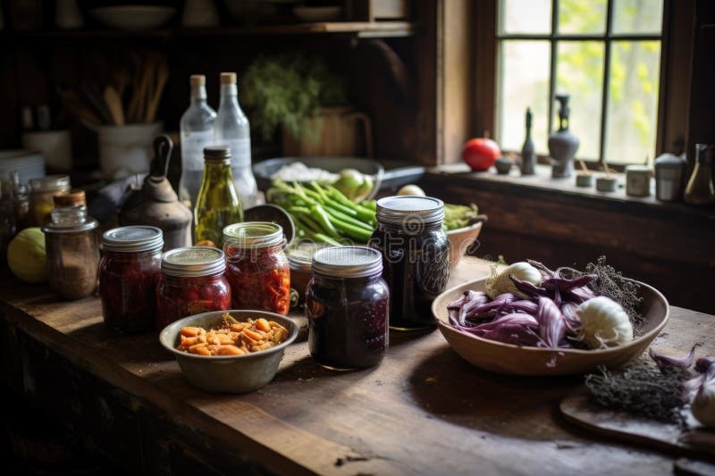 Rustic Kitchen Setup with Homemade Sauce Prep Stock Illustration ...