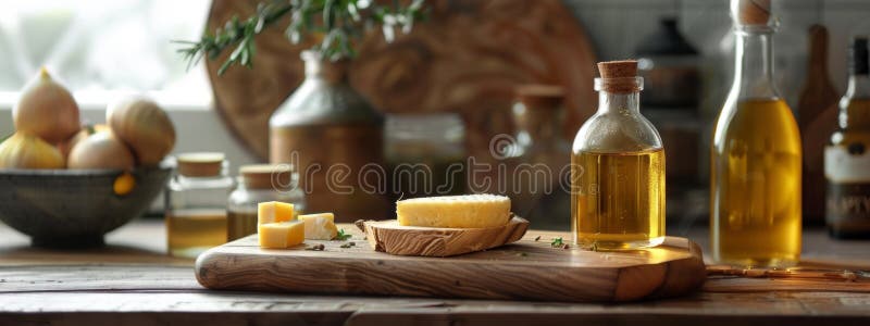 Rustic Kitchen Setup with Olive Oil and Cheese Stock Image - Image of ...