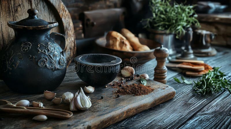 Rustic Kitchen Setup with Spices, Garlic, and Traditional Tools Stock ...