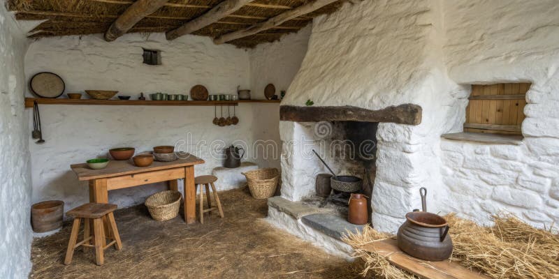 Rustic Kitchen Setup in Traditional Cottage Displaying Pottery and ...
