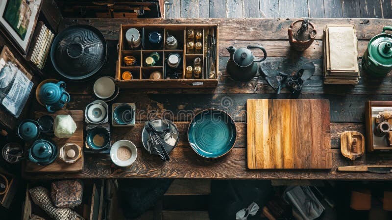 Rustic Kitchen Setup with Utensils and Tableware Stock Image - Image of creative, modern: 381342843