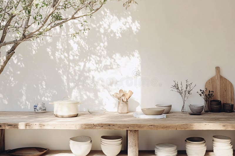 Rustic Kitchen Setup with Wooden Boards, Ceramic Bowls, and a Floral ...
