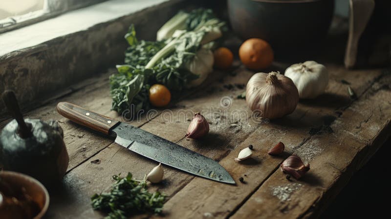 Rustic Kitchen Setup with Wooden Table and Fresh Ingredients Stock ...