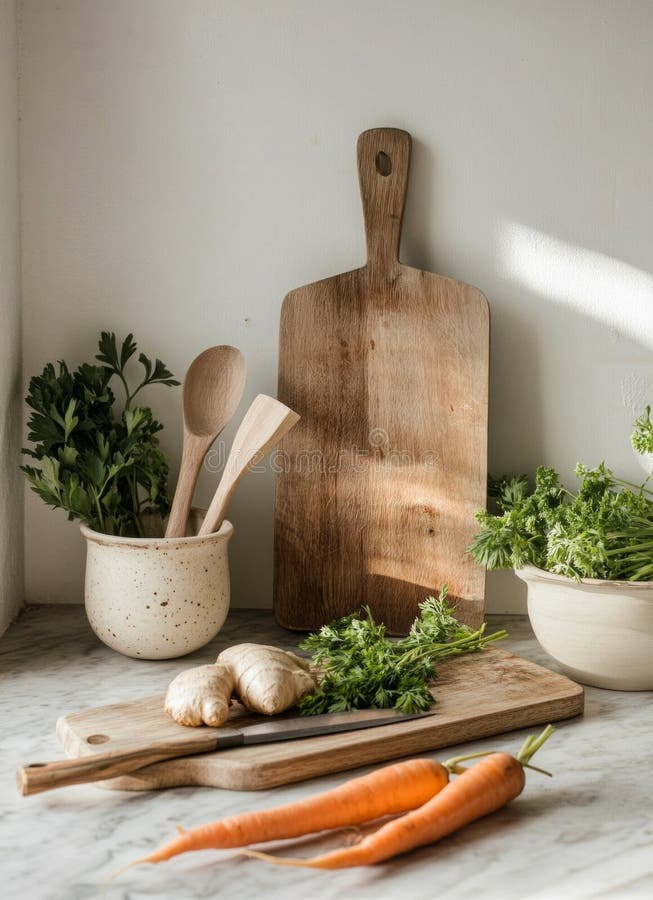 Rustic Kitchen Setup with Wooden Utensils, Fresh Herbs, and Vegetables ...