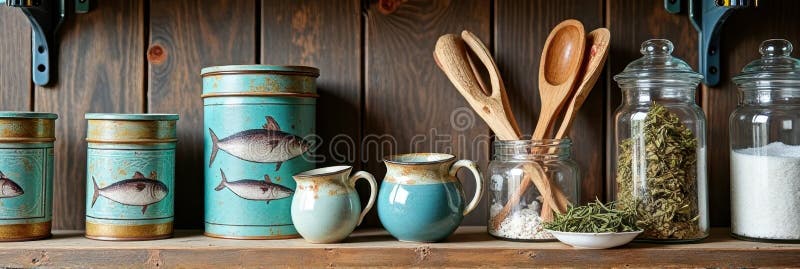Rustic Kitchen Shelf with Ceramic Dishes and Wooden Utensils Stock ...