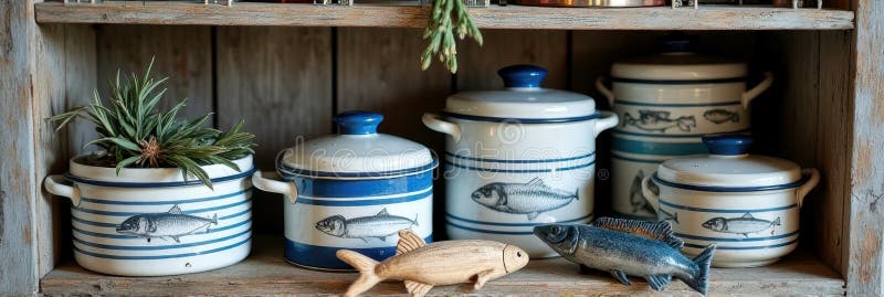 Rustic Kitchen Shelf with Ceramic Fish Pots and Wooden Fish Decor Stock ...