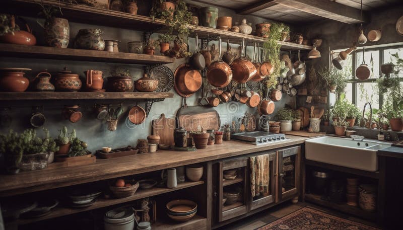 Rustic Kitchen Shelf Displays Antique Earthenware Pottery Collection ...