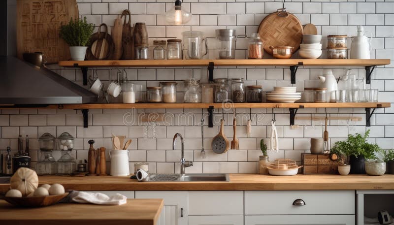 Rustic Kitchen Shelf Displays Modern Kitchenware Collection Generated ...
