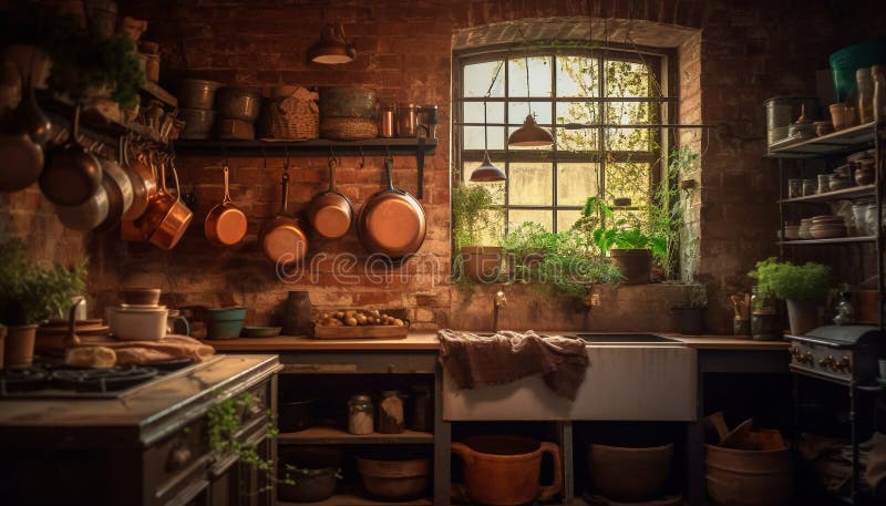 Rustic Kitchen Shelf Displays Old Fashioned Pottery Collection ...