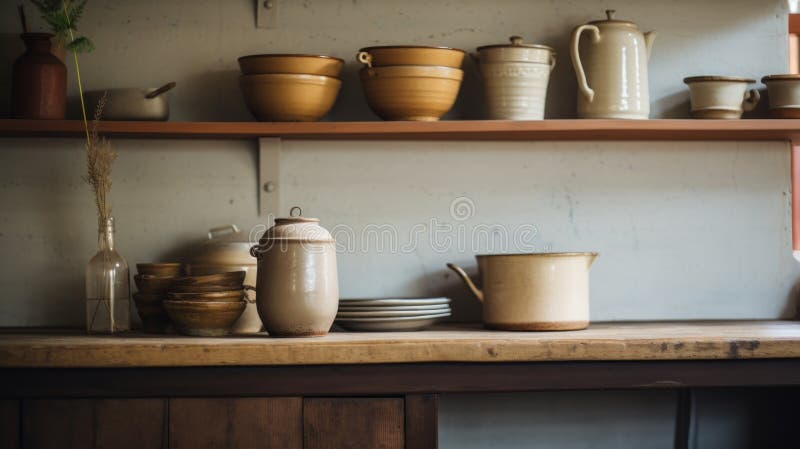 Rustic Kitchen Shelf with Earthenware Pots and Bowls Stock Image ...
