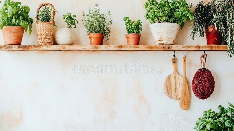 Rustic Kitchen Shelf Herbs Cooking Utensils Wall Stock Photo - Image of ...