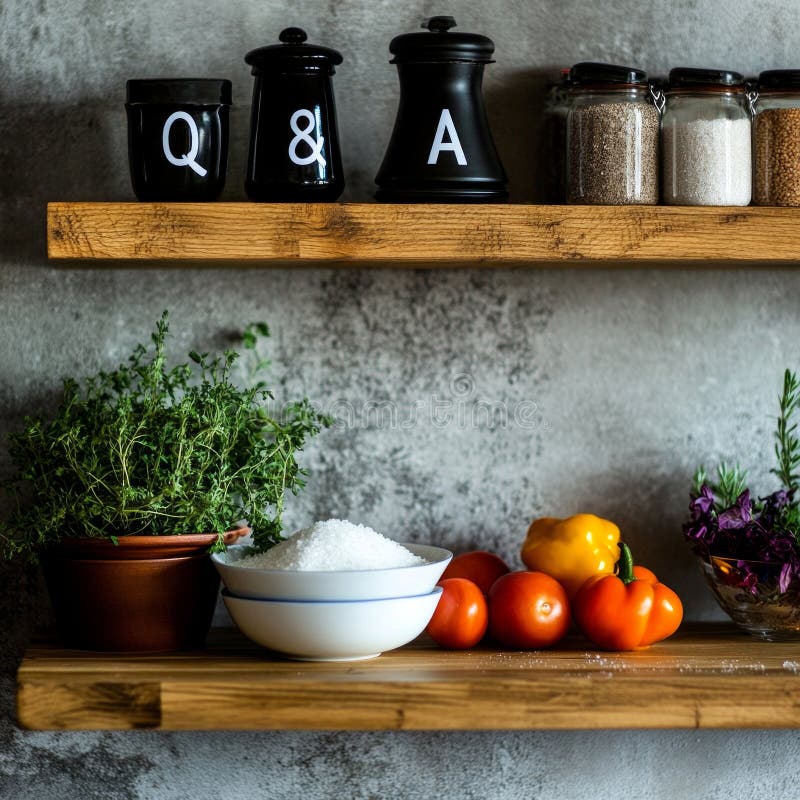 Rustic Kitchen Shelf with Herbs, Spices, and Fresh Vegetables Stock ...