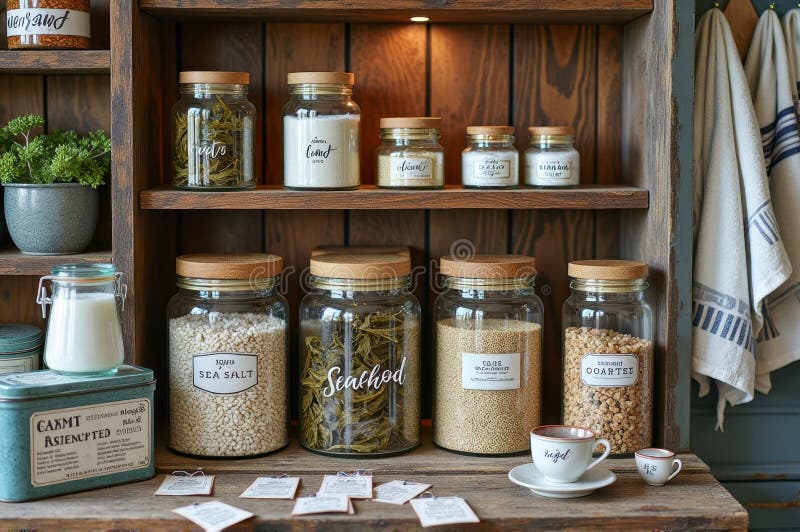 Rustic Kitchen Shelf with Labeled Jars and Containers Displaying Spices ...