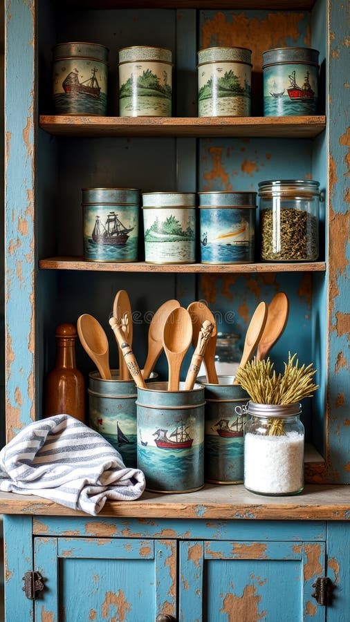 Rustic Kitchen Shelf with Vintage Tins and Wooden Utensils Stock Image ...