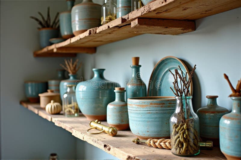 Rustic Kitchen Shelves with Ceramics and Natural Decor Stock Photo ...
