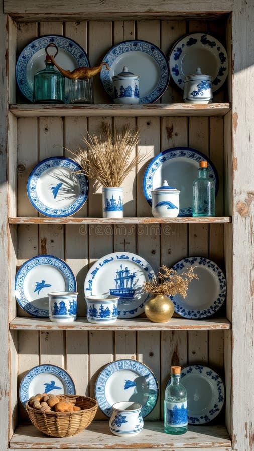 Rustic Kitchen Shelves Display with Blue-white Porcelain Plates and ...