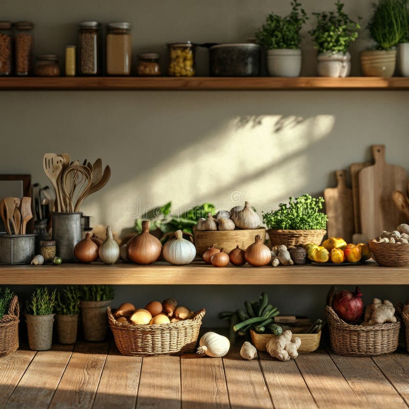 Rustic Kitchen Shelves with Fresh Vegetables and Herbs in Natural Light ...
