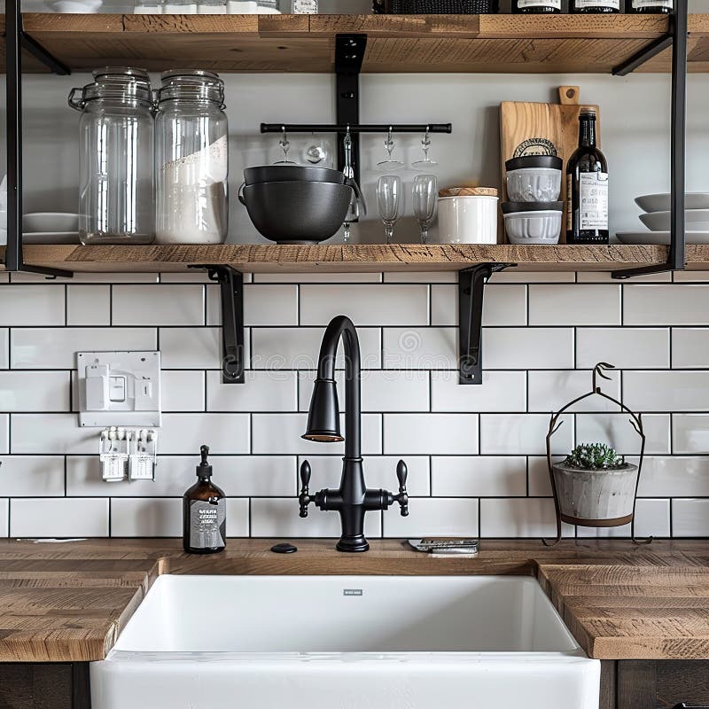 Rustic Kitchen Sink with Open Shelving, Black Faucet, and White Subway ...