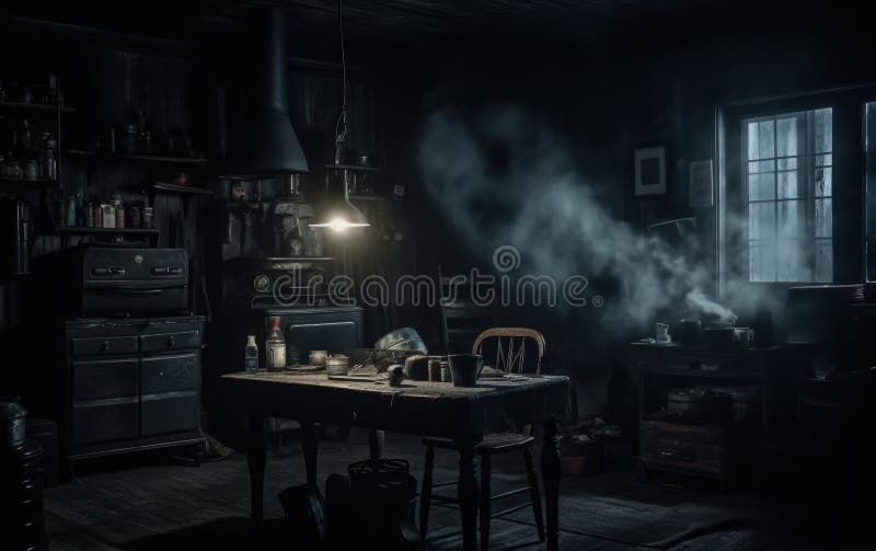 A Rustic Kitchen with Smoke and a Single Light. Created by Generative ...