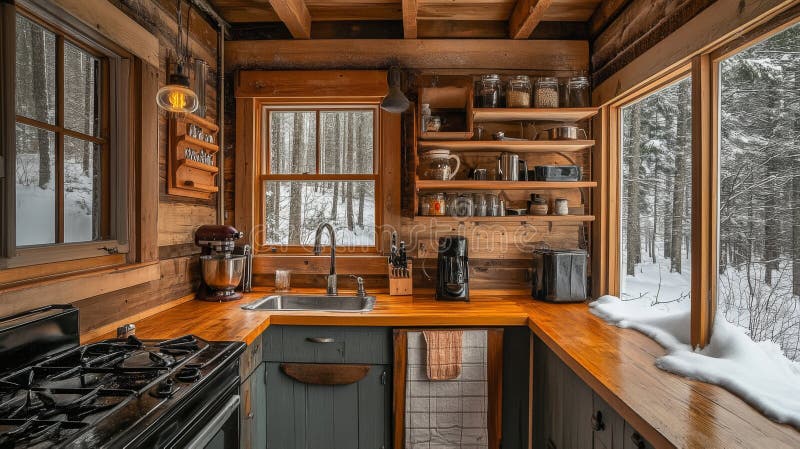 Rustic Kitchen with Snow-Covered Window View Stock Illustration ...
