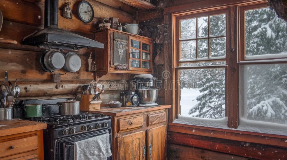 Rustic Kitchen with Snow-Covered Window View Stock Illustration ...