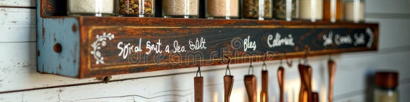 Rustic Kitchen Spice Rack with Hanging Utensils on Wooden Shelf Stock ...